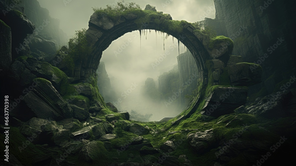 Ancient round stone portal gateway, monolithic ruins structure ...