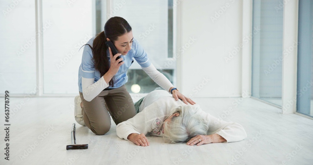 Accident, phone call and nurse with old woman on floor for medical ...