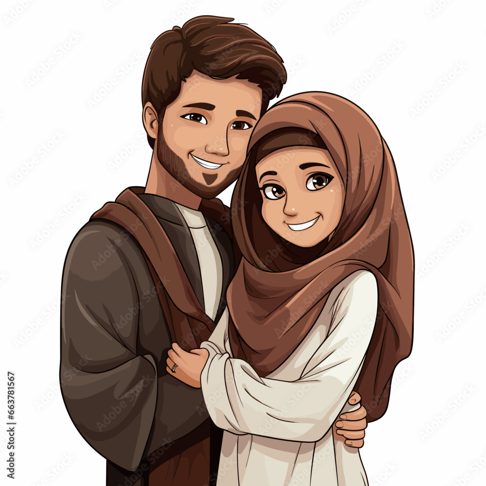 Arabian couple hand-drawn comic illustration. Arab couple. Vector ...