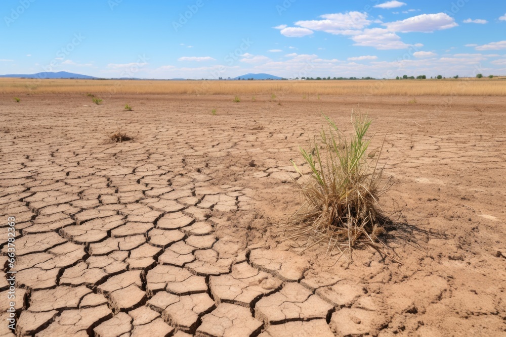 a drought-stricken field with cracked dry soil and wilted plants Stock ...