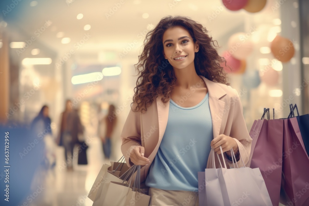 A woman with a happy smile on her face is shopping in a mall ...