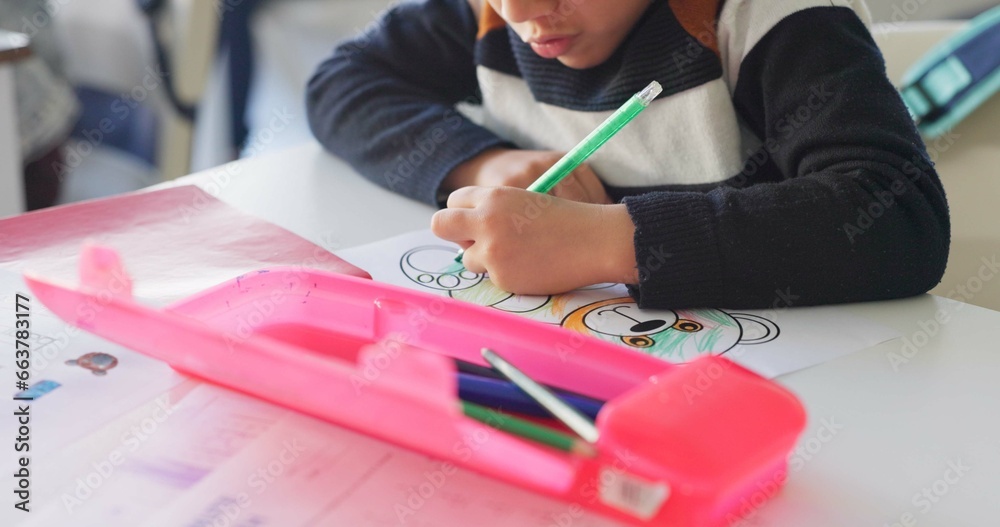 Creative, school and hands of child drawing in a classroom for art ...