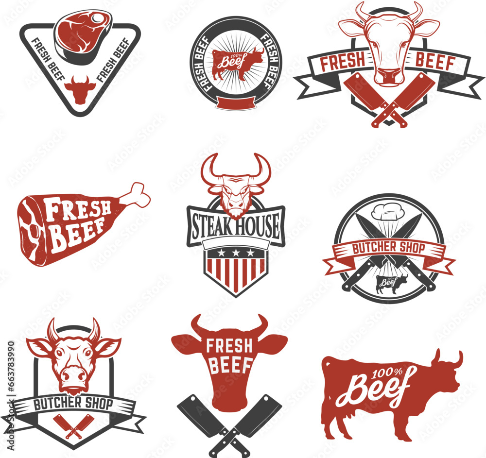 Set of fresh beef labels. Cow meat. Butcher shop. Fresh meat. Design ...