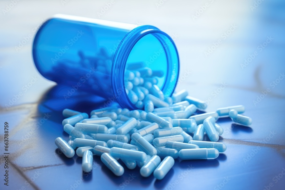 probiotic capsules spilling from a blue container Stock Photo | Adobe Stock