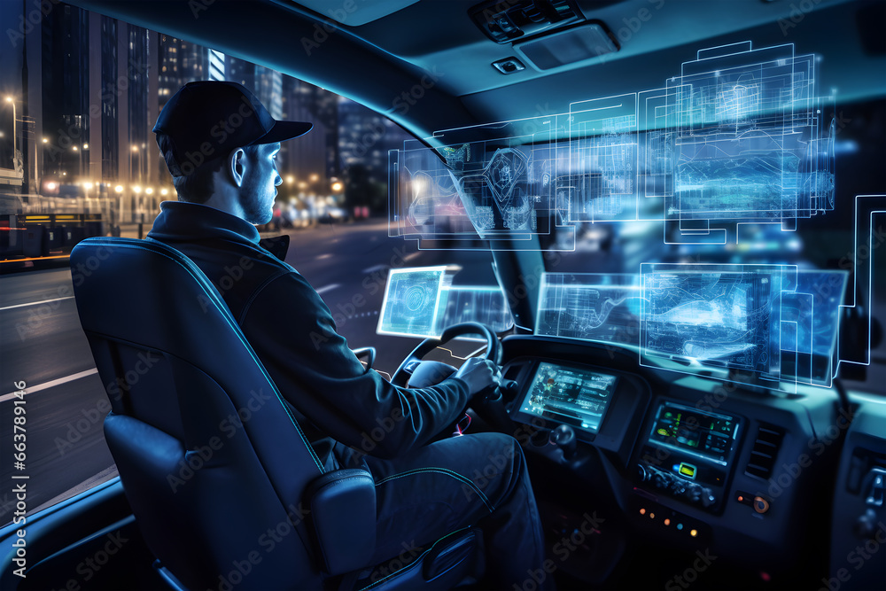 man confidently at the wheel of a lorry. Monitor performance, driver ...