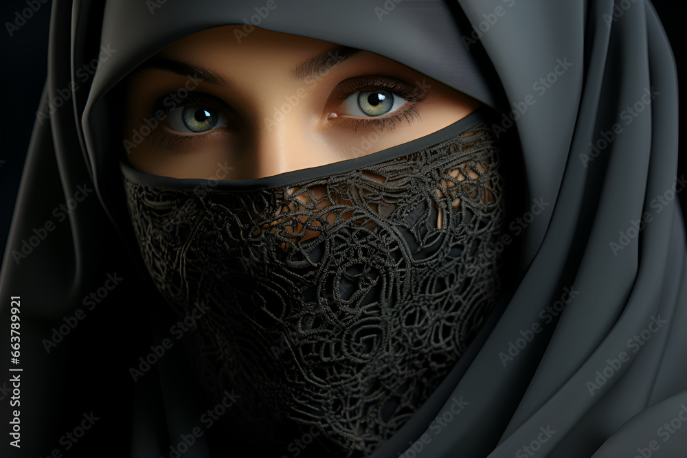 A beautiful woman with blue eyes in a stylish Muslim outfit in a burqa ...