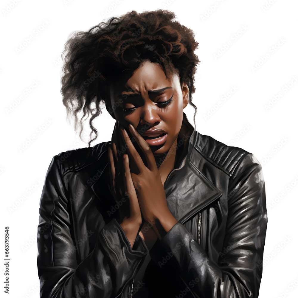 Black woman in pain and crying, on transparent background, African ...