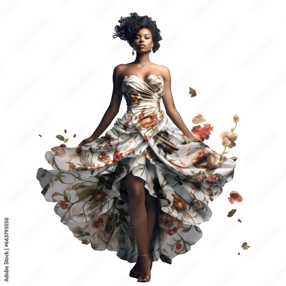 Black woman in floral dress on transparent background, African American ...