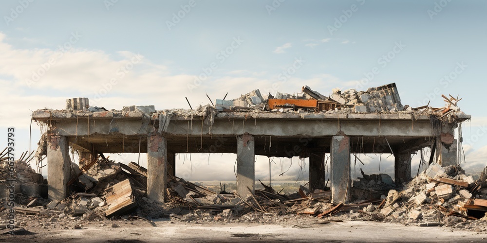 Wrecked Building Panorama with Concrete Debris and Huge Beam on ...