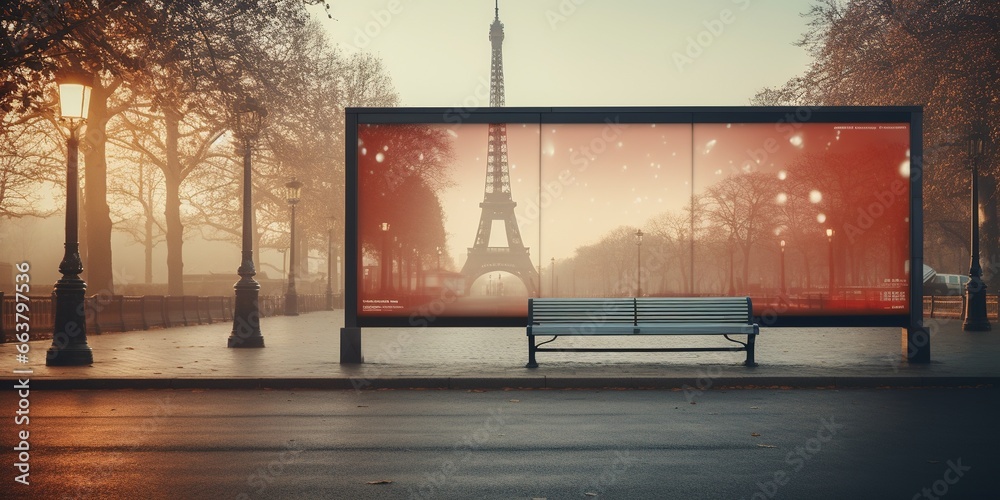 Bus stop billboard Mockup in empty street in Paris. Parisian style ...