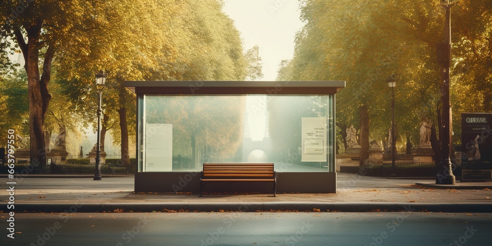 Bus stop billboard Mockup in empty street in Paris. Parisian style ...