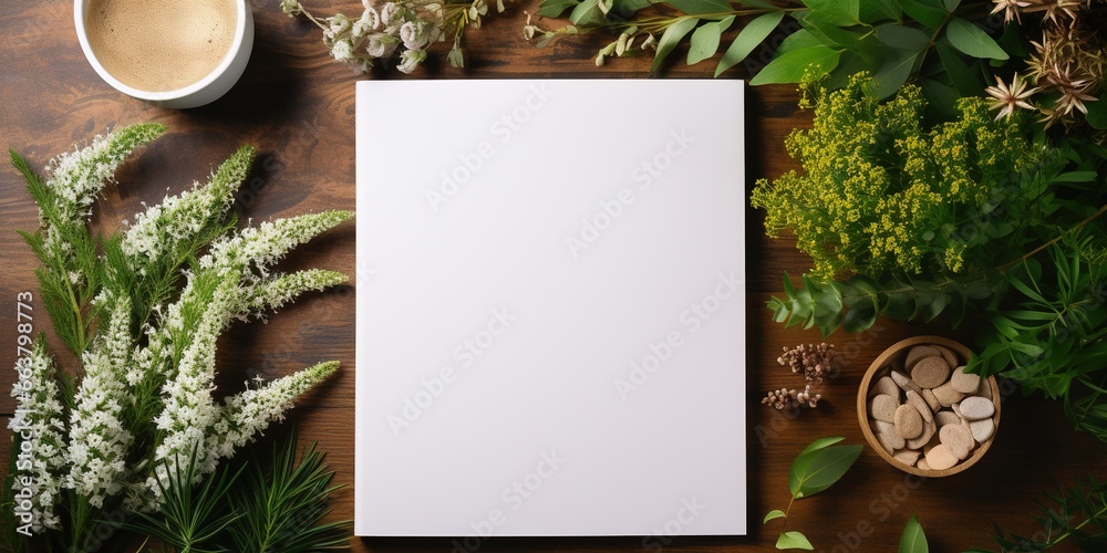 Eco friendly, natural background. Green table with notebook with white ...