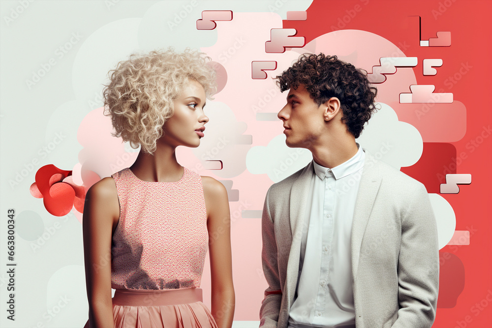 Two people standing opposite each other in front of a 3D background ...