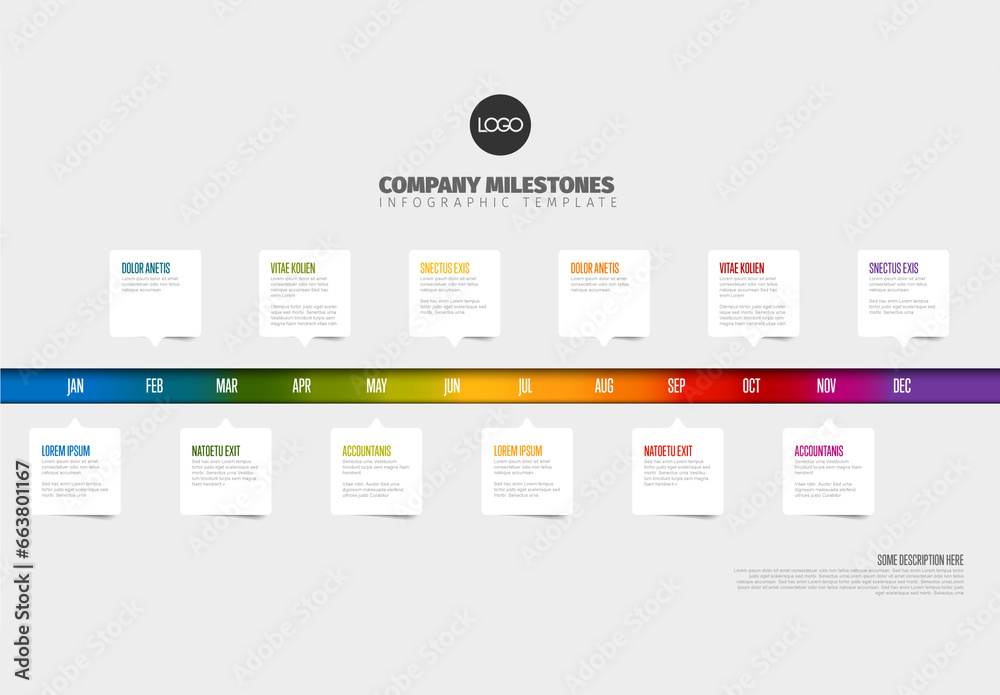 Full year timeline template with 12 month texts in white speech bubbles ...
