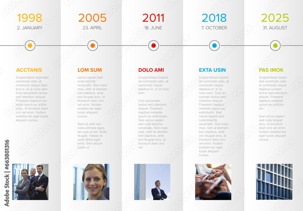 Simple horizontal timeline template on white folded paper with photo ...