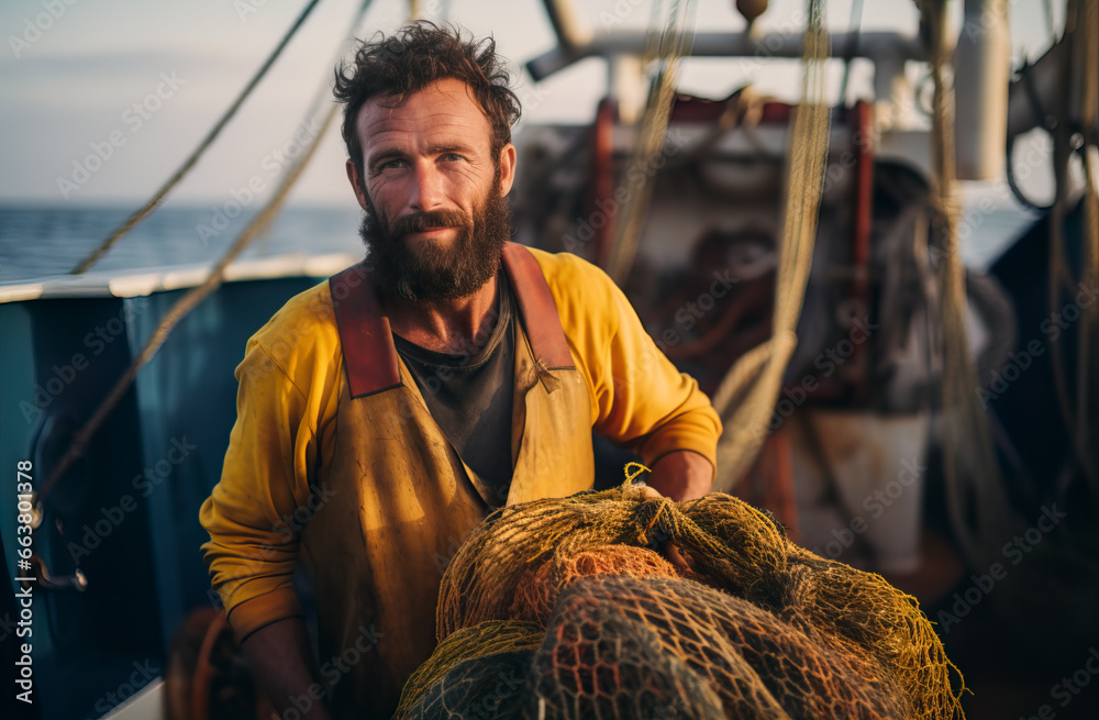 Generative AI illustration of male fisher in uniform in boat taking ...