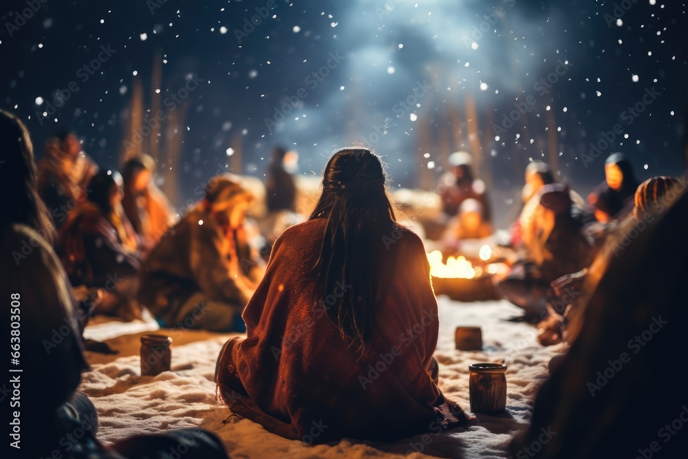 Group participating in a winter solstice ceremony, against a starry ...