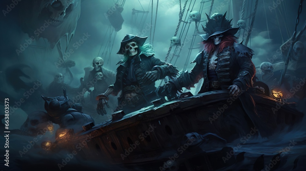 Spooky pirate crew of skeletons on board. Created with Generative Ai ...