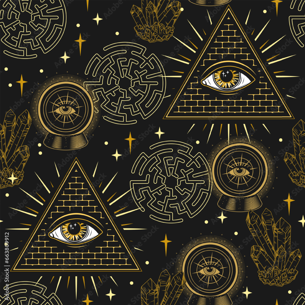 Seamless pattern with labyrinth, crystal, magic ball, all seeing eye in ...