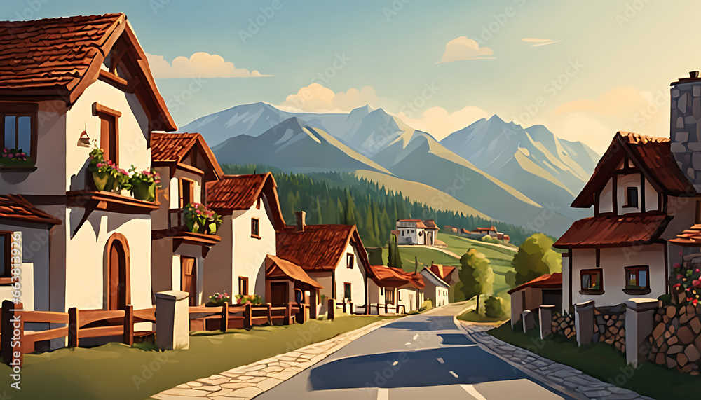 Road going down the center of an illustration of a rural mountain ...