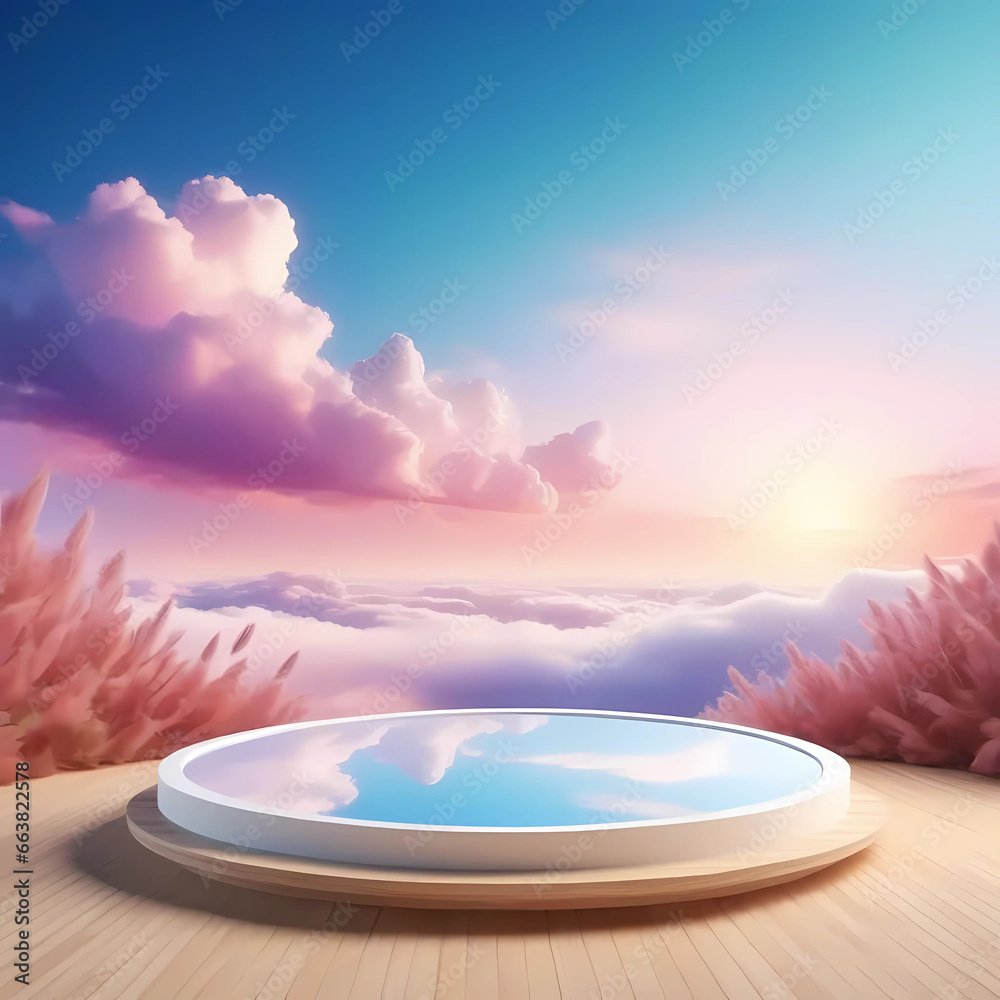Aesthetic Cloudy landscape scene background with a podium for product ...