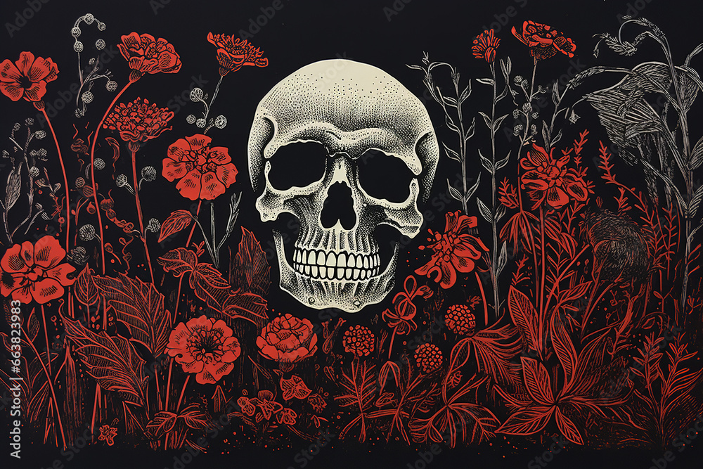 a woodcut of a skull and flowers, in the style of woodcut and linocut ...