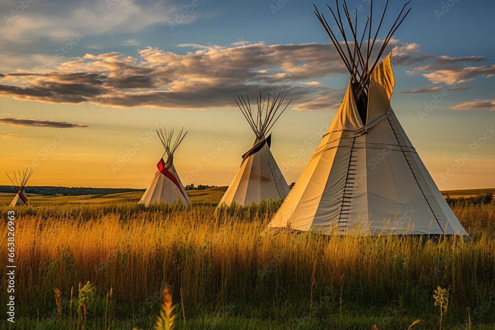 Traditional american indian wigwam in the field at sunset, First ...
