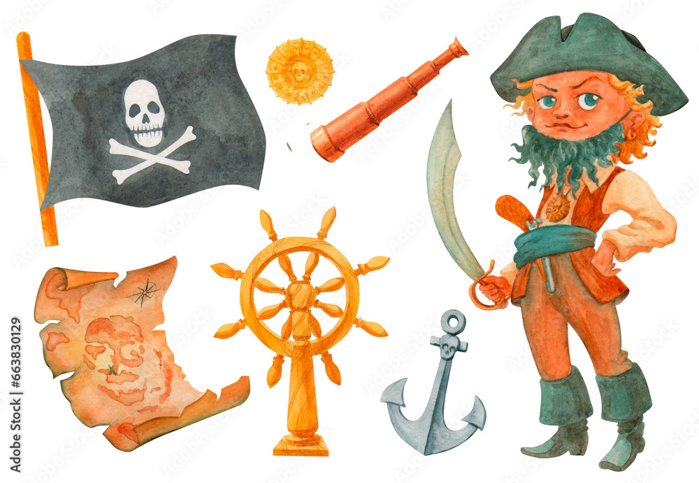 Pirate object set. Boy, flag, treasure chest, spyglass, weapon, coin ...