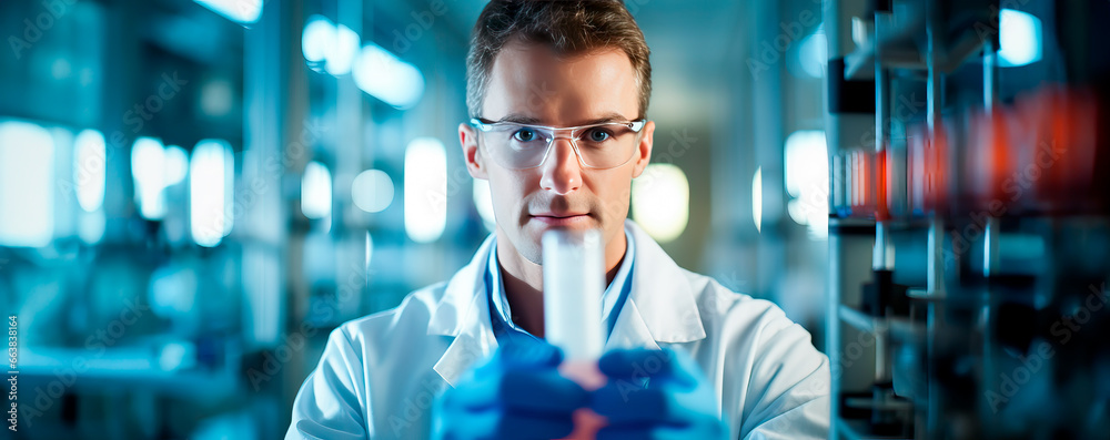 Laboratory worker wearing a Lab coat, holding a glass test tube with ...