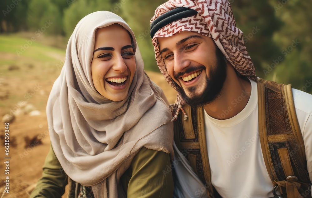 Laughing Arab Man and Woman Posing for a Picture. Fictional characters ...