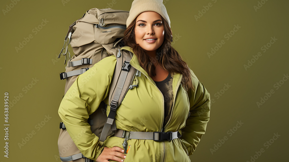Plus-Size Model in Hiking Attire on Pastel Green Studio Background ...