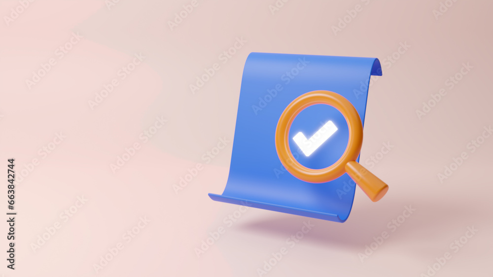 Tick correct sign mark in magnifying glass icon for quality document ...