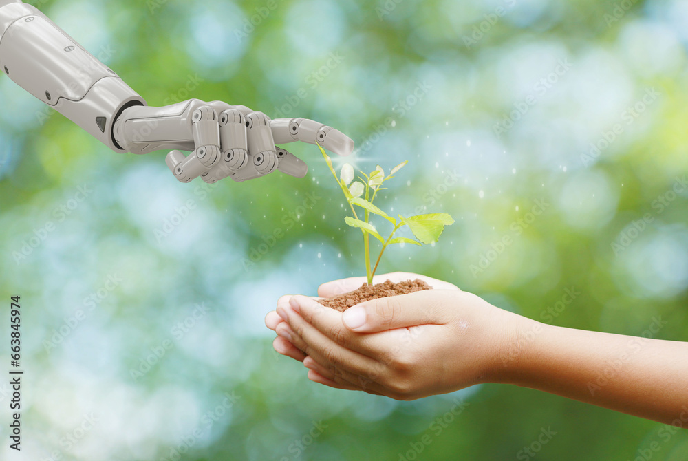 Earth Day, Hands holding trees growing with a robotic hand touching the ...