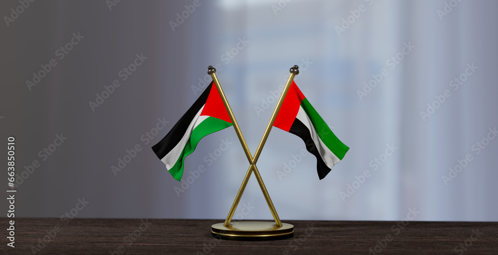 Palestine and United Arab Emirates flags on table. Negotiation between ...