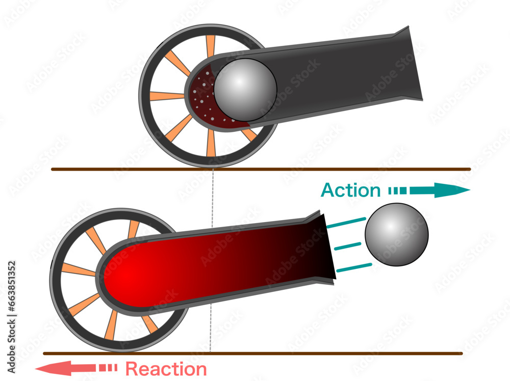 Action, reaction. Newton third law. Force direction example of cannon ...