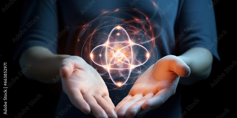 hand holding atomic particles, image of nuclear energy and network ...