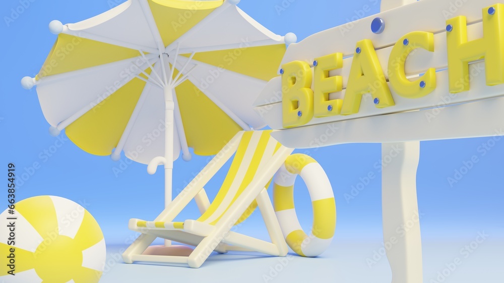 ภาพประกอบสต็อก Cute 3d Illustration Of Cartoon Beach Scene 3d White And Yello Parasol Ball