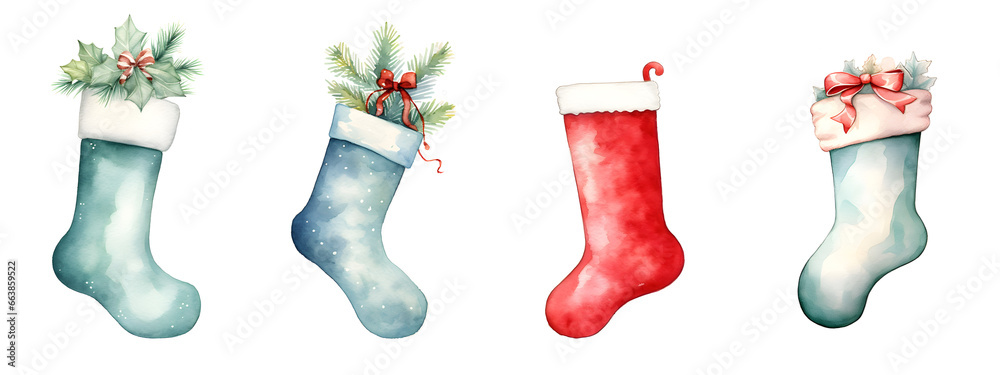 Set of Watercolor Christmas Socks on Transparent Background Stock ...