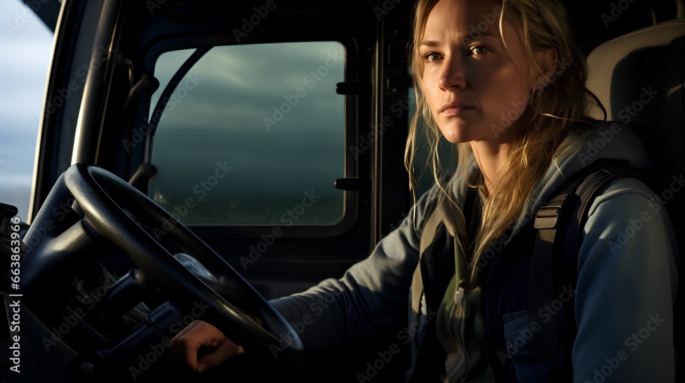 Female truck driver. Professional woman who drives cargo vehicles with ...