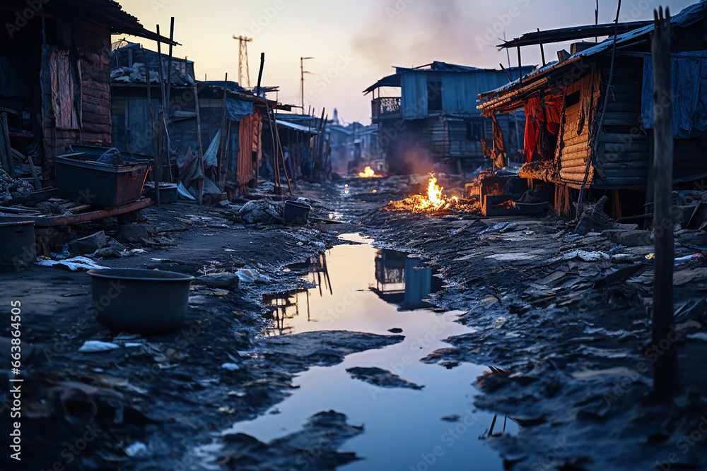 Dirty houses in a slum in Asia third world. Dirty and lots of garbage ...