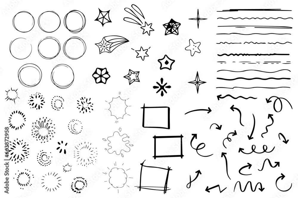 Hand drawn line arrow, sketch underline, round frame element set. Text ...