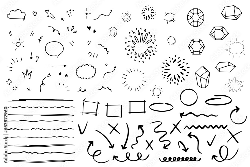 Hand drawn line arrow, sketch underline, round frame element set. Text ...