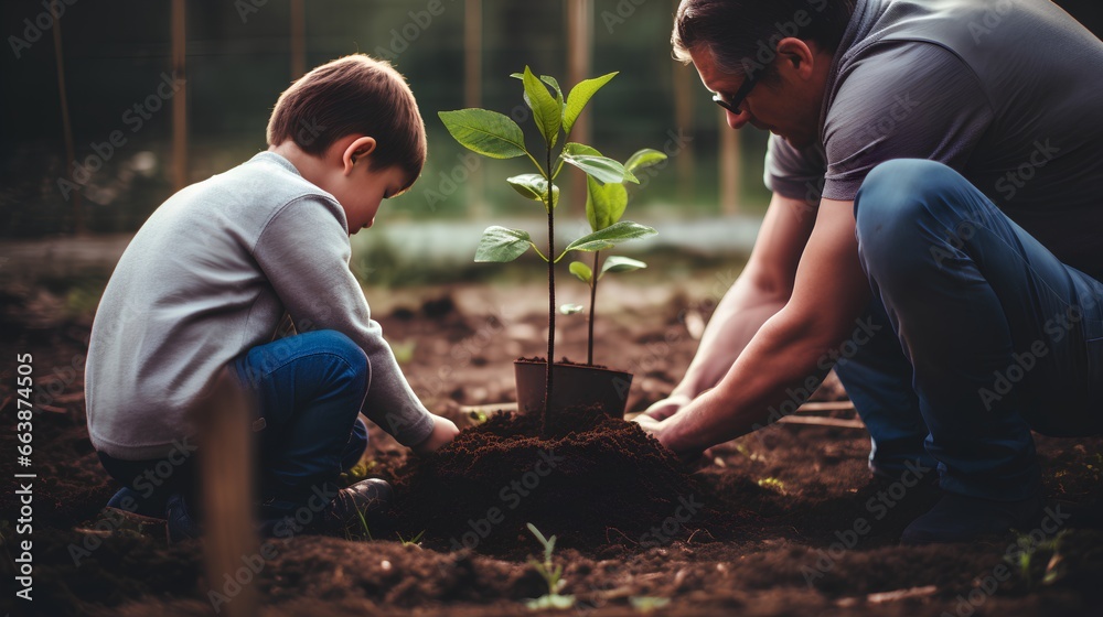 Father and son planting young sprout together, teaching importance of ...