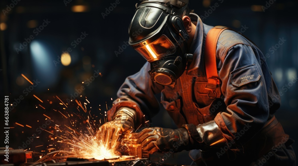 An industrial iron factory banner displays the skilled worker, wearing ...