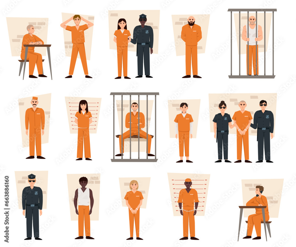 Various scenes from a prison on a white background. Vector illustration ...