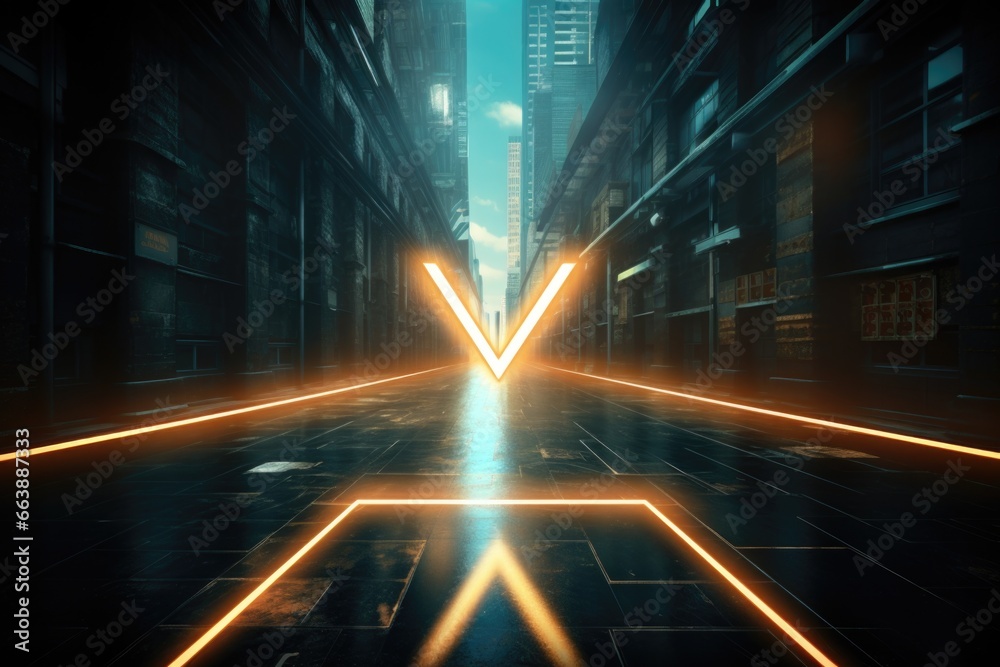 A city street with a prominent neon V sign. This image can be used to ...