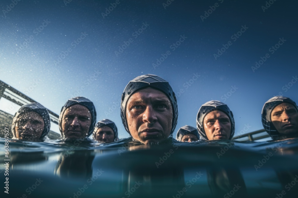 A group of men standing together on top of a body of water. This image ...