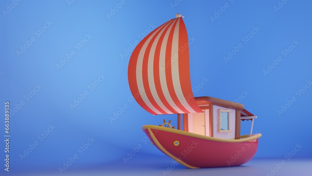 Cute 3d illustration of cartoon colorful boat with red mast against ...