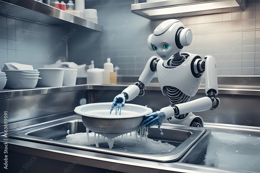 Artificial intelligence robot washing dishes in restarurant Stock Photo ...