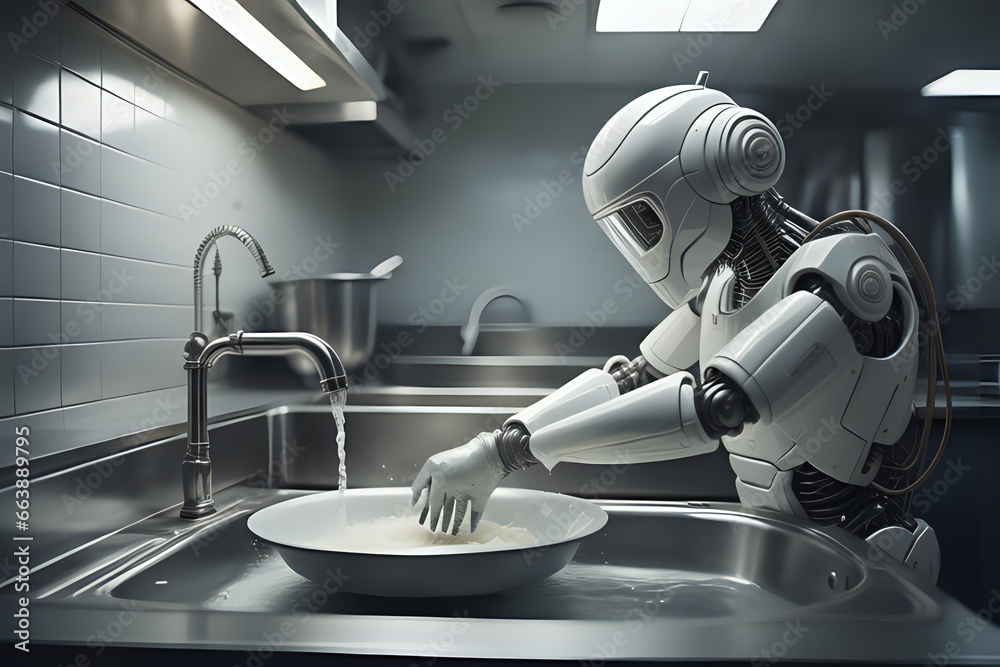 Artificial intelligence robot washing dishes in restarurant Stock Photo ...